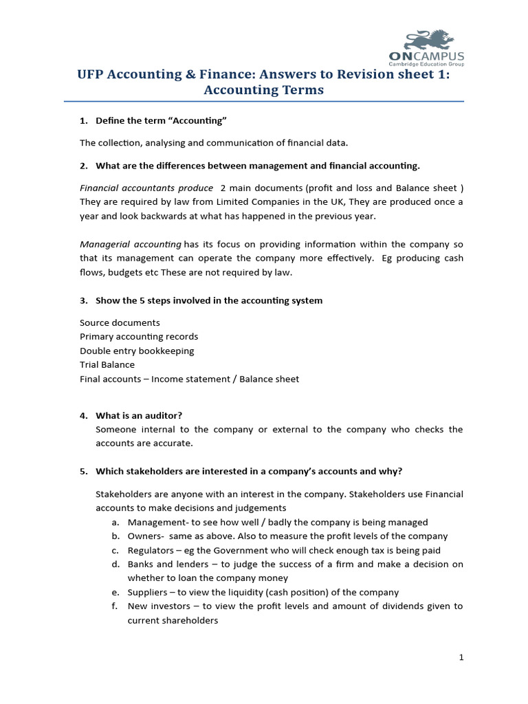 Accounting Revision Worksheet 1 Answers Accounting Terms | PDF | Balance Sheet | Financial Services