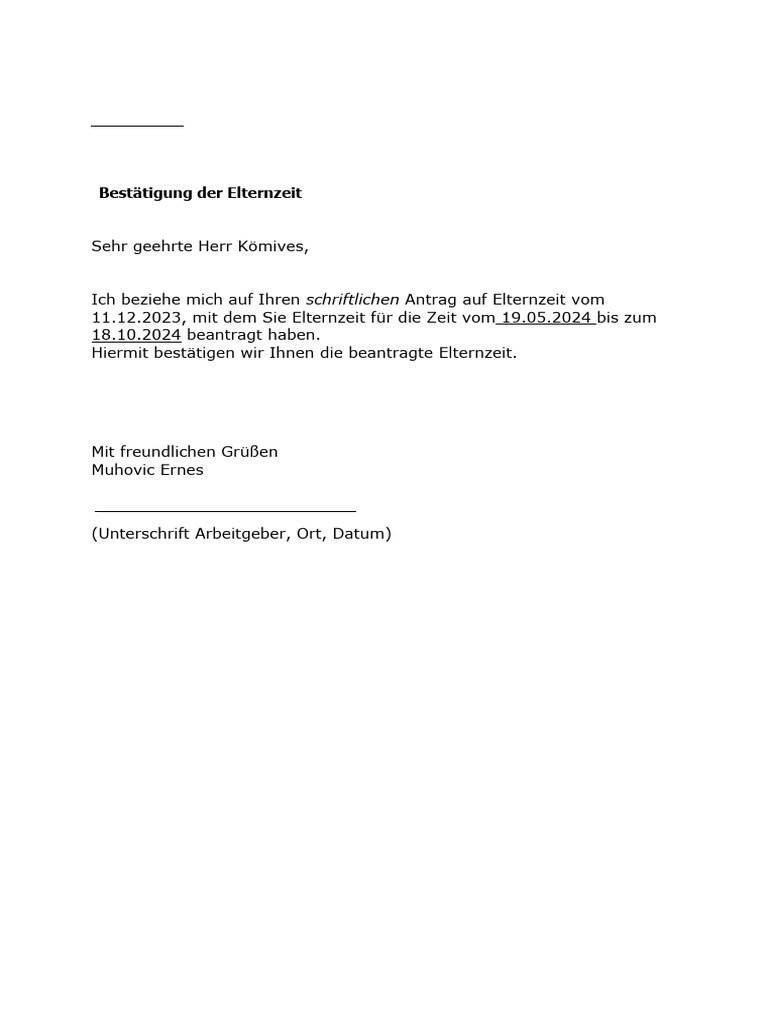 Bestätigung Elternzeit Vorlage | PDF