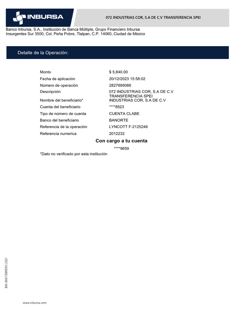 Transferencia SPEI a Industrias COR | PDF