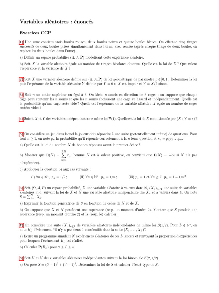 Exercices sur les variables aléatoires | PDF
