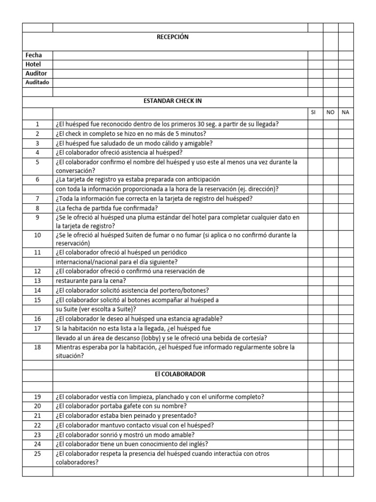 Checklist de Recepción Hotelera | PDF