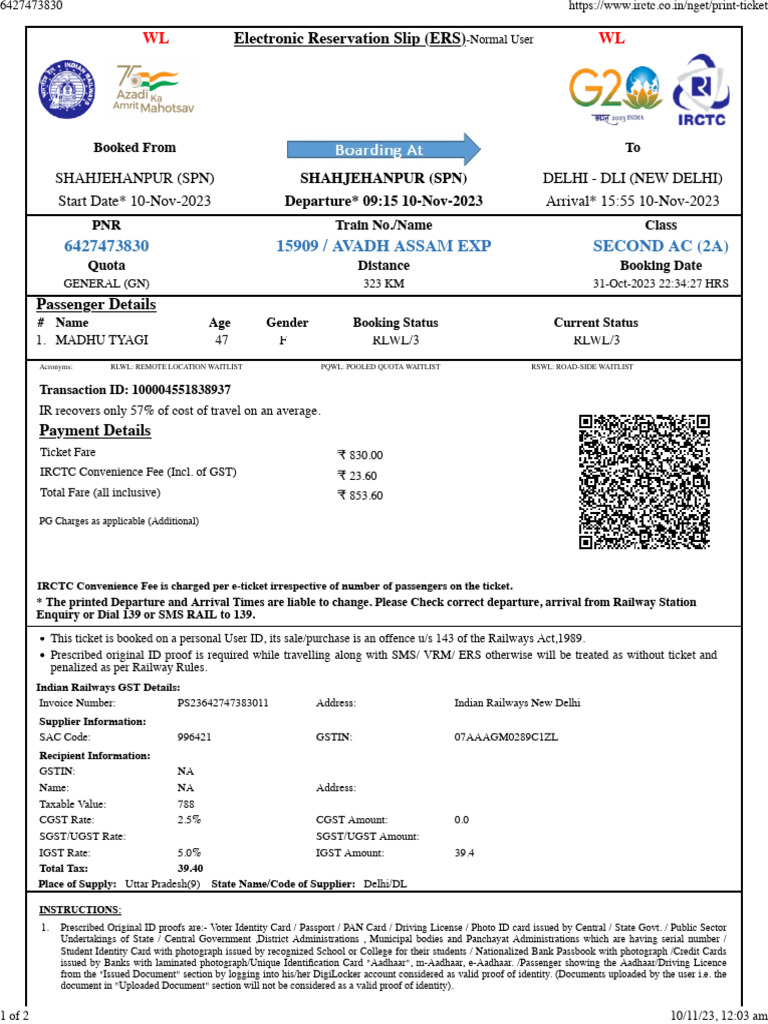 Avadh Assam Exp Second Ac (2A) : WL WL | PDF | Identity Document