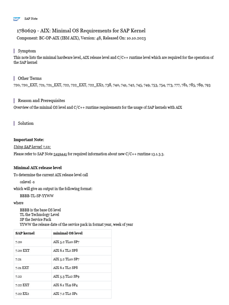 AIX Minimal OS Requirements For SAP Kernel | PDF