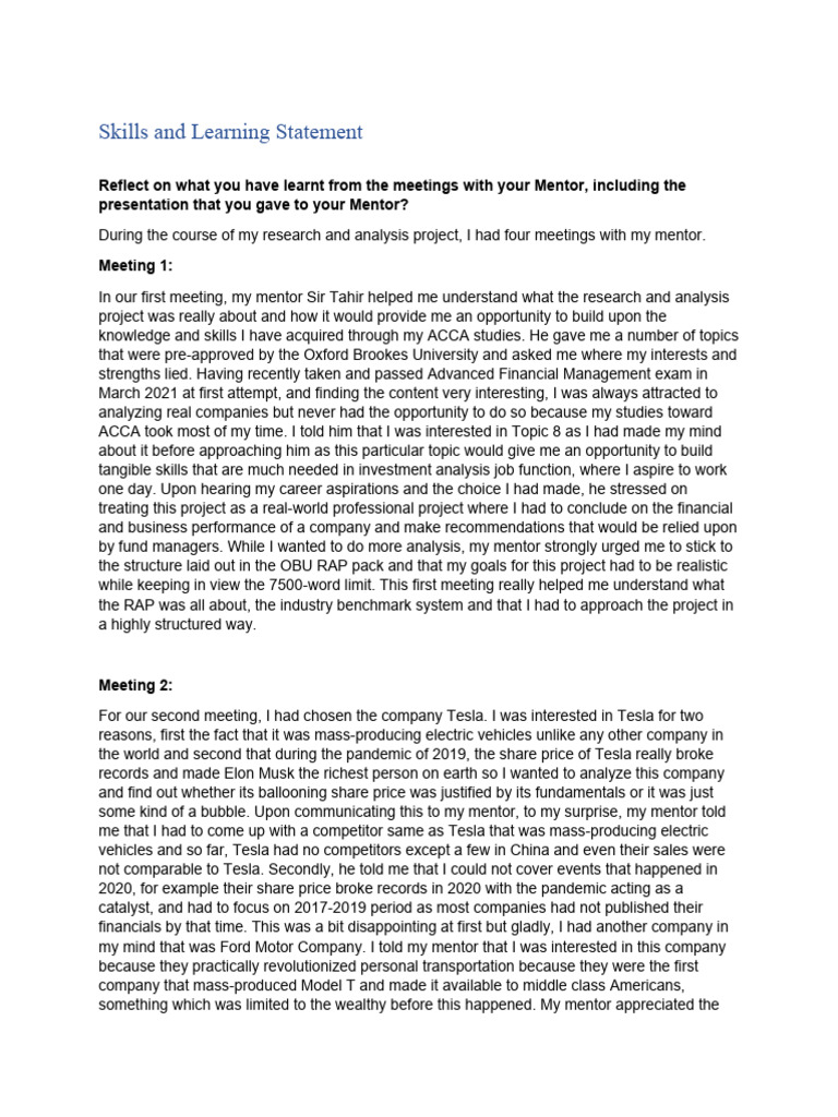 Skills and Learning Statement | PDF