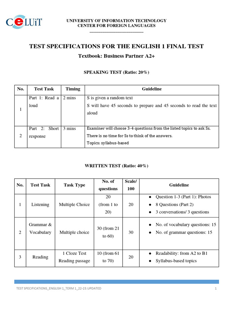 Final Test Specifications - ENG01 - TERM1 - 2324 | PDF | Linguistics ...