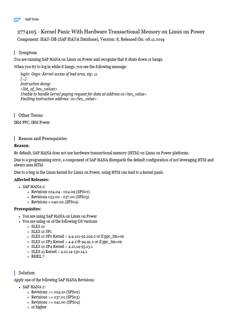 Kernel Panic With Hardware Transactional Memory On Linux On Power | PDF