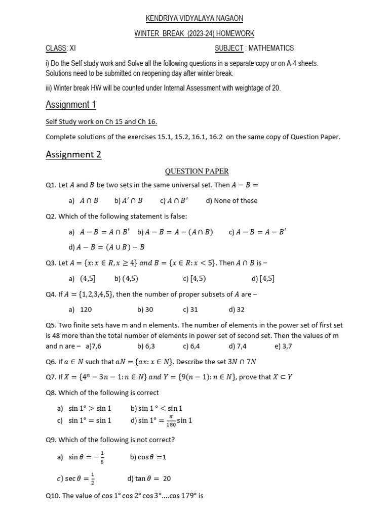 Winter Break HW 23-24 Class Xi Math | PDF | Mathematics | Science
