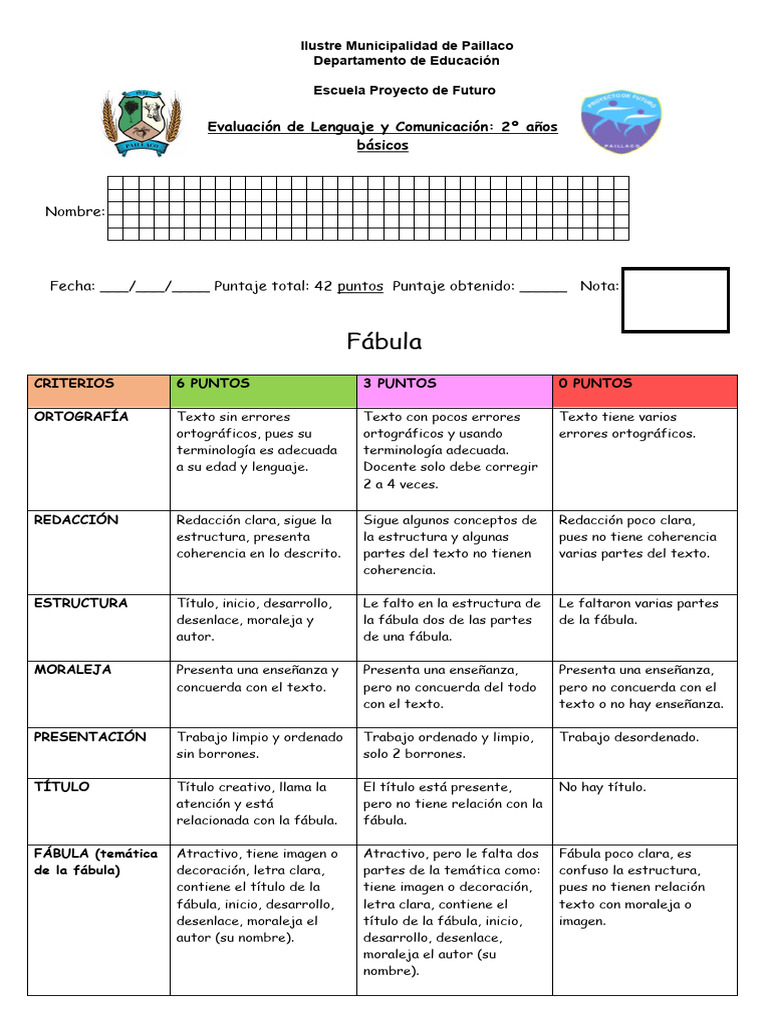 Evaluación N°3 - Rúbrica de Lenguaje - 2°básico | PDF