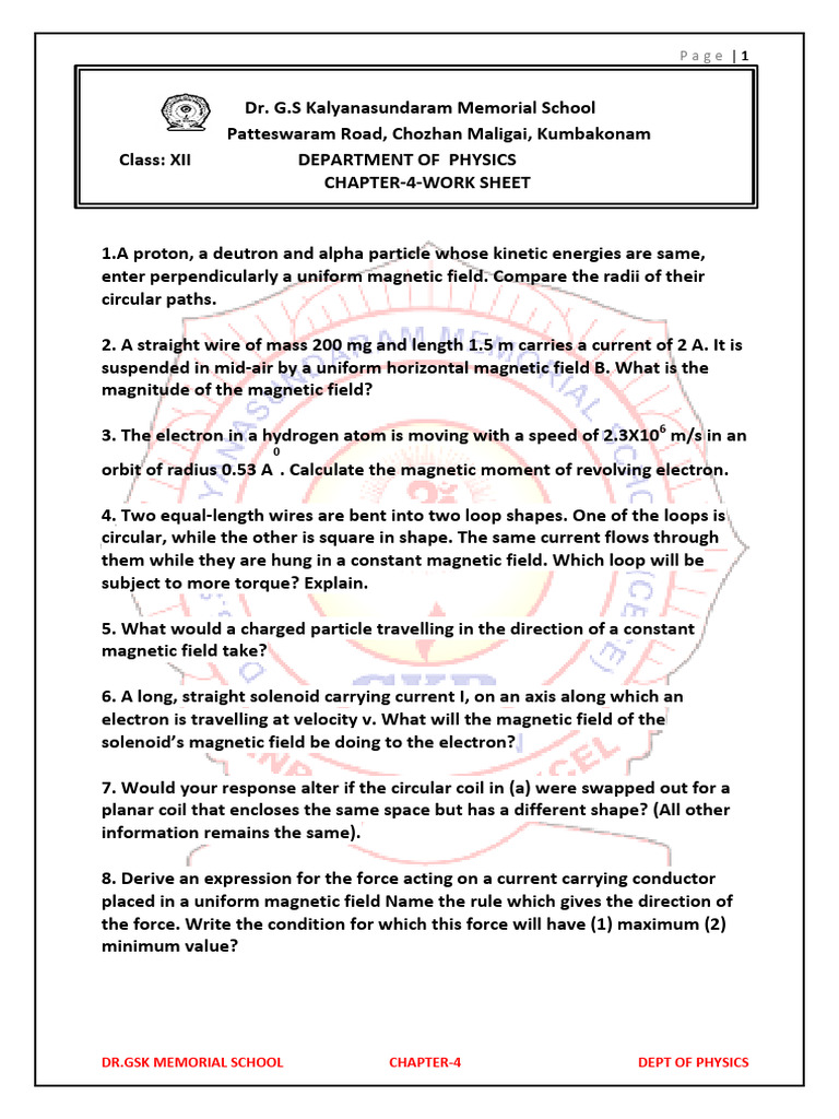 CH 4-MCM-WS | PDF | Magnetic Field | Electron