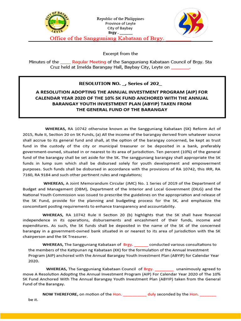Resolution Sample For The Adoption of Aip and Abyip 1 | PDF | Economies | Government