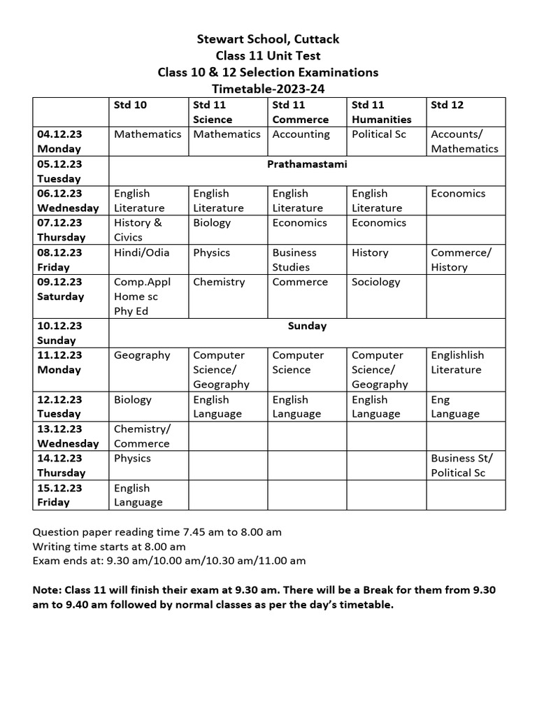 Selection Exam Time Table | PDF