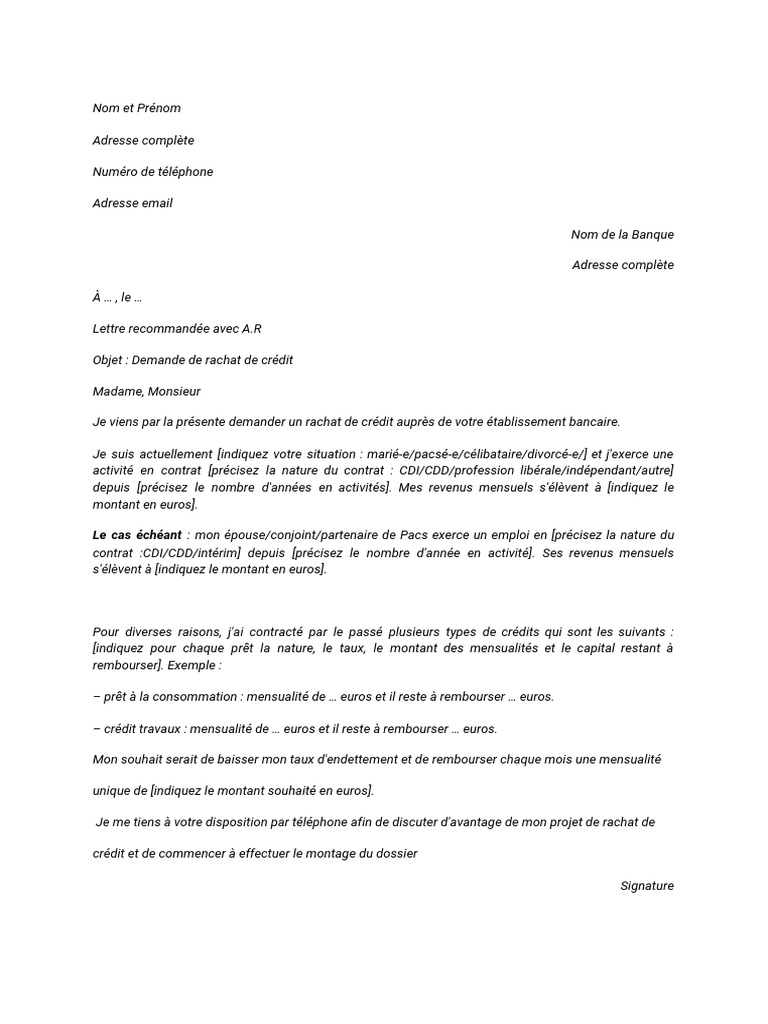 Lettre Demande Rachat de Crédits | PDF
