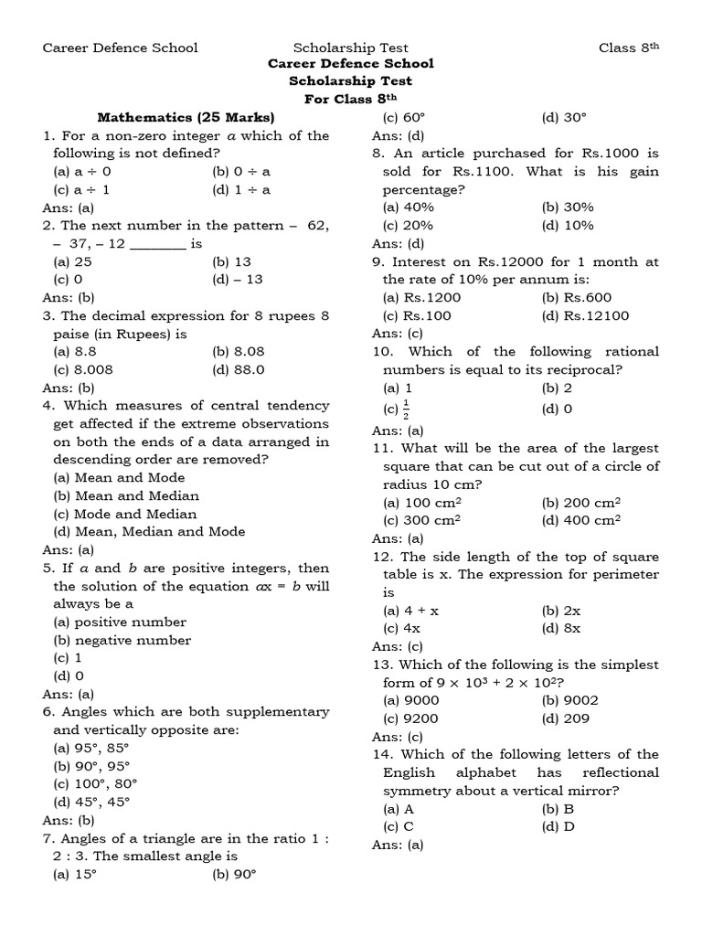 Scholarship Test For Class 8th-4 | PDF