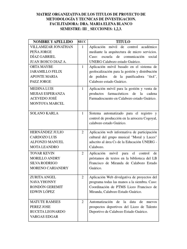 Matriz de Proyectos | PDF
