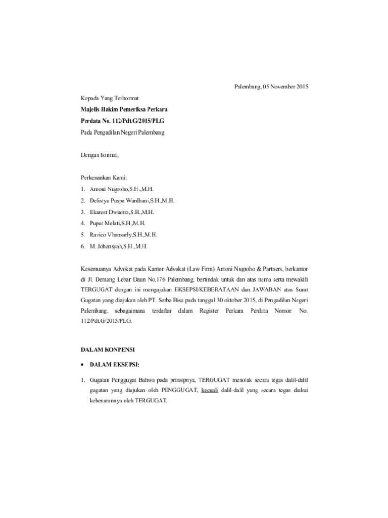 Contoh Eksepsi Dan Jawaban Gugatan Perdata Wansprestasi (Konvensi ...