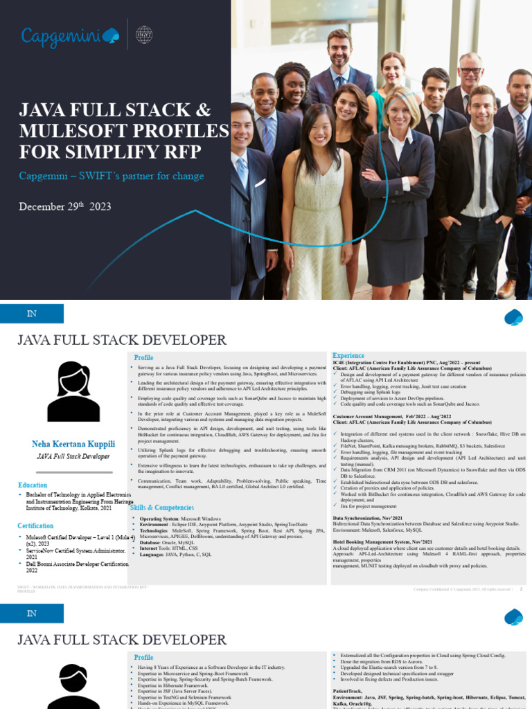 Java Full Satck & Mulesoft Profiles - Capgemini - 12292023 | PDF | Spring Framework | Web Service