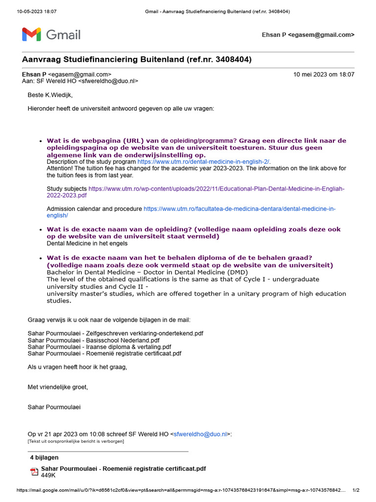 Gmail - Aanvraag Studiefinanciering Buitenland (Ref - Nr. 3408404) | PDF