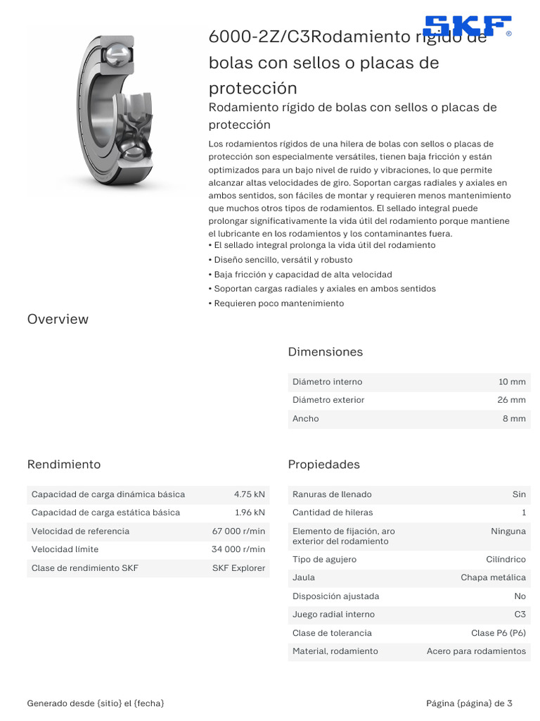 SKF 6000-2Z - C3Rodamiento Rígido de Bolas Con Sellos o Placas de Protección Specification | PDF ...