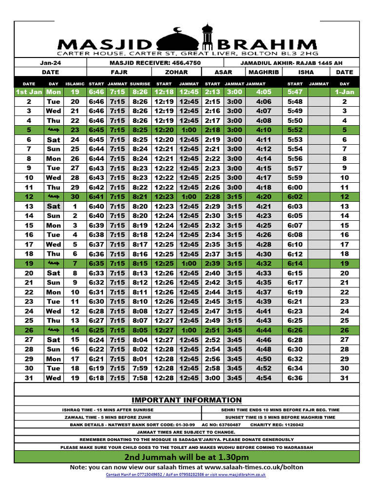 Masjid Ibrahim Prayer Timetable 2024 | PDF | Prayer | Islamic Ethics