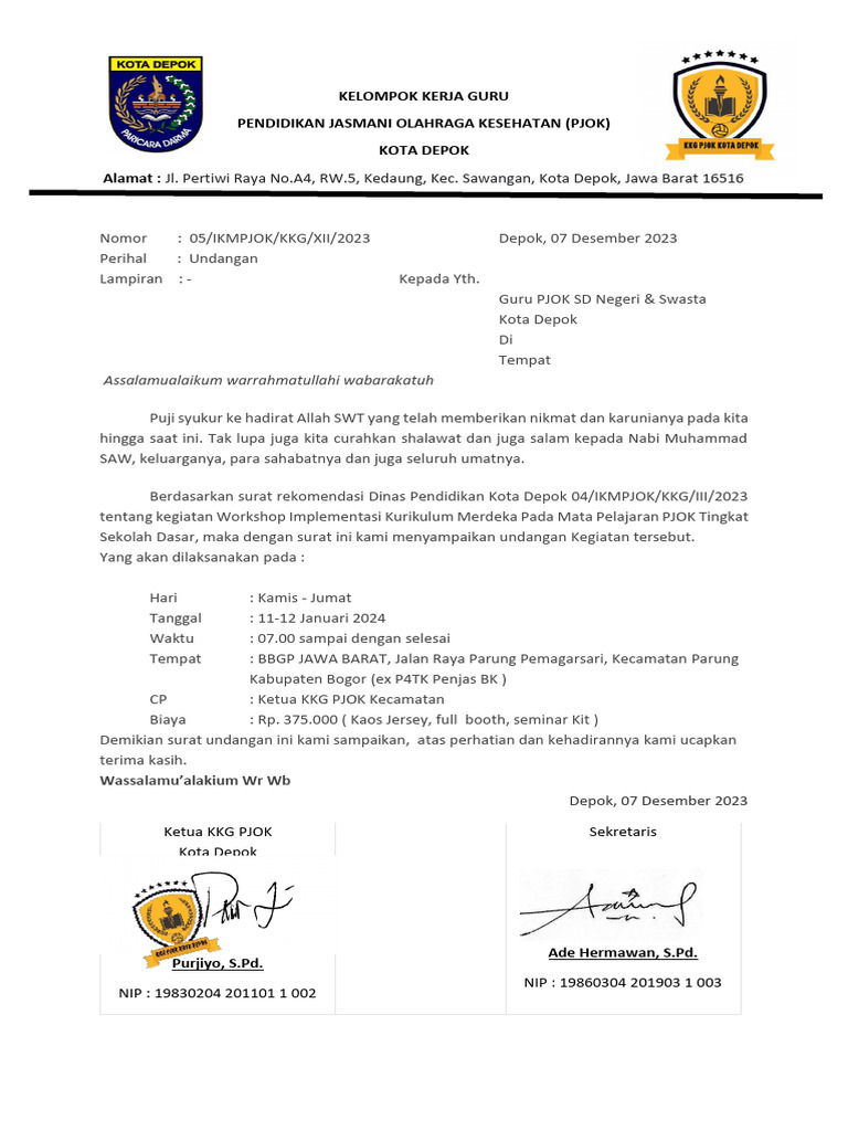 Surat Undangan Workshop KKG Pjok Kota Depok | PDF
