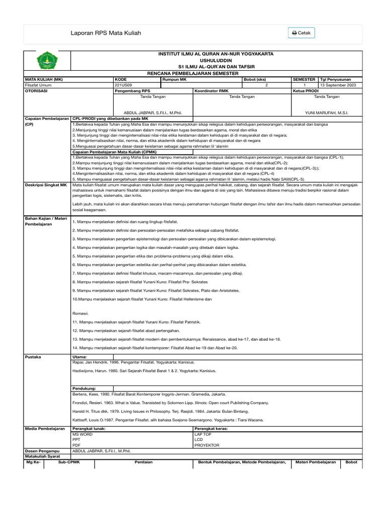 Laporan RPS Mata Kuliah | PDF
