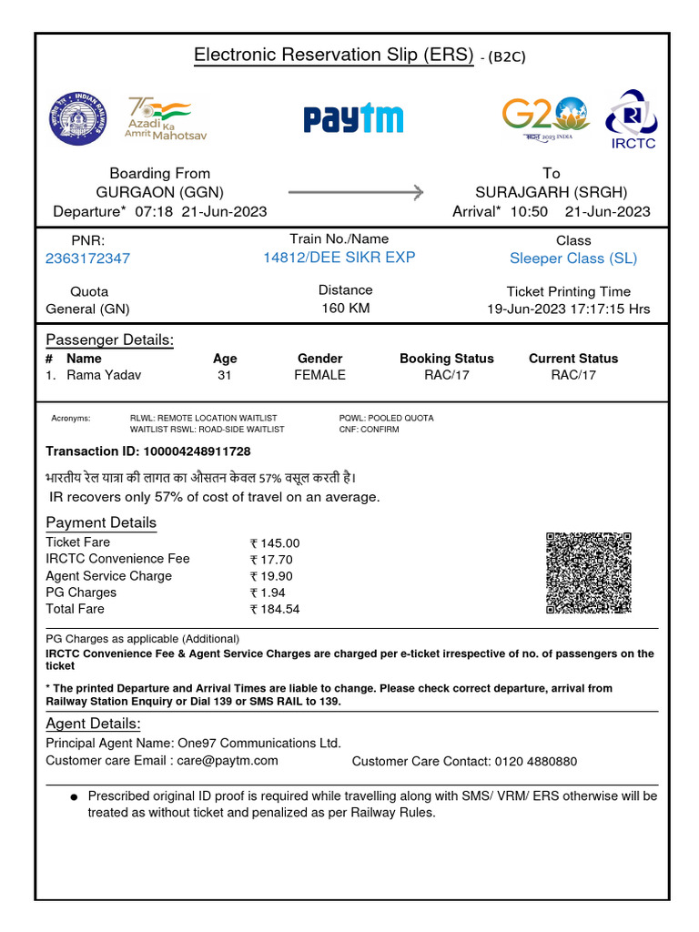 Electronic Reservation Slip (ERS) | PDF