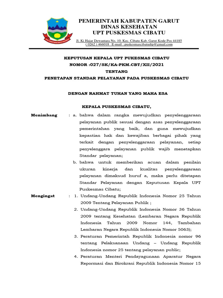 SK STANDARD PELAYANAN PUSKESMAS CIBATU 2021 Revisi | PDF