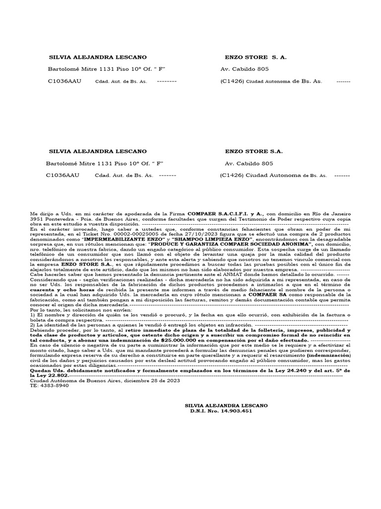 Carta Dto. X Uso Compaer 1. Andreani | PDF | Daños y perjuicios