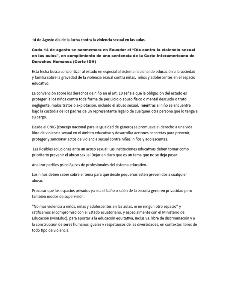 14 De Agosto Dia De La Lucha Contra La Violencia Sexual En Las Aulas Pdf 