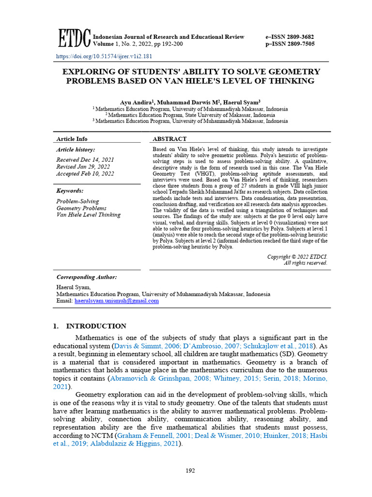 Exploring of Students' Ability To Solve Geometry Problems Based On Van Hiele's Level of Thinking ...