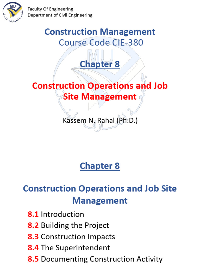 CIE 380 - Chapter 8-Construction Operations and Job Site Management | PDF
