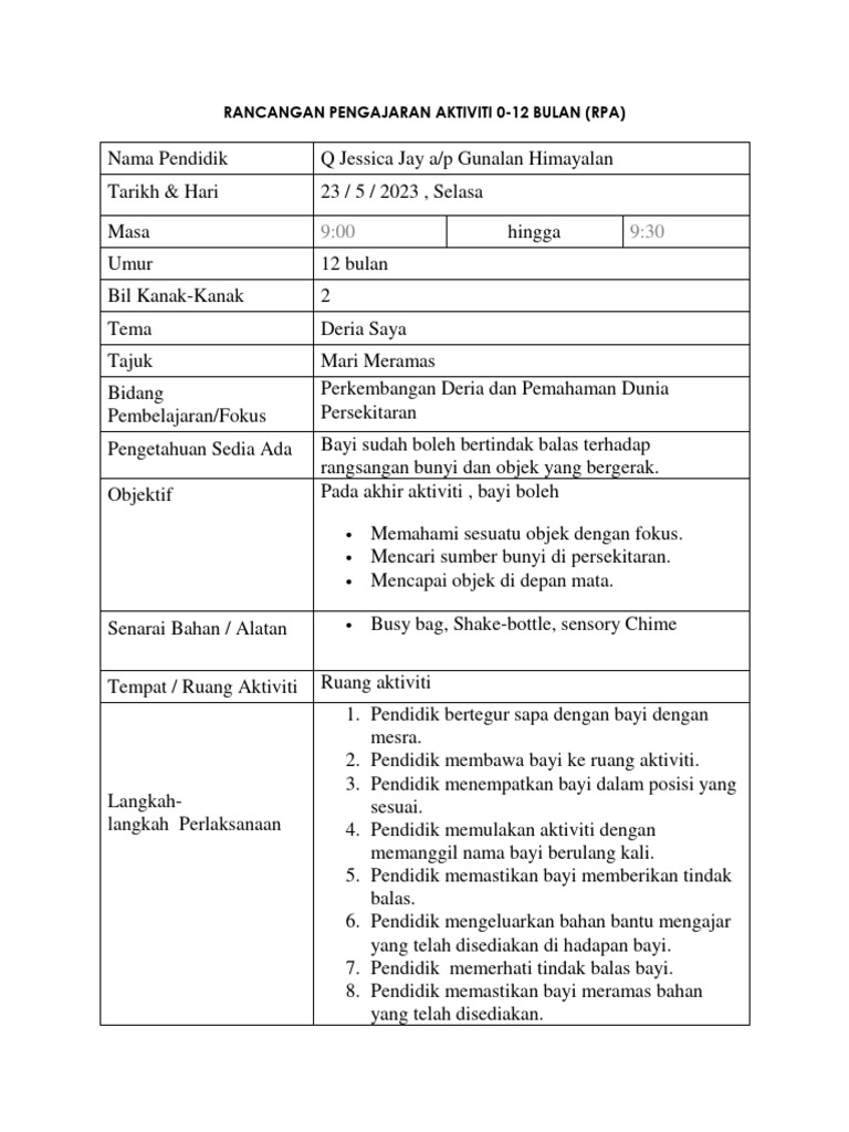 Rancangan Pengajaran Aktiviti 0-12 Bulan (Rpa) | PDF