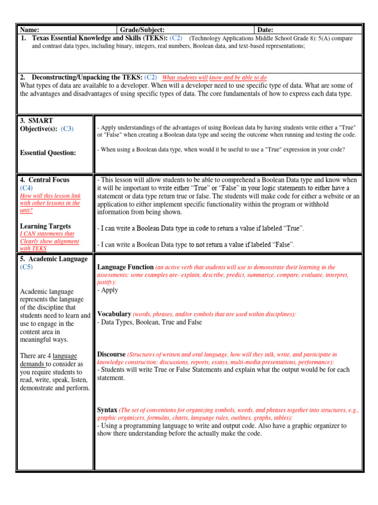 Edtpa Lesson Plan Guide LPG | PDF | Data Type | Boolean Data Type
