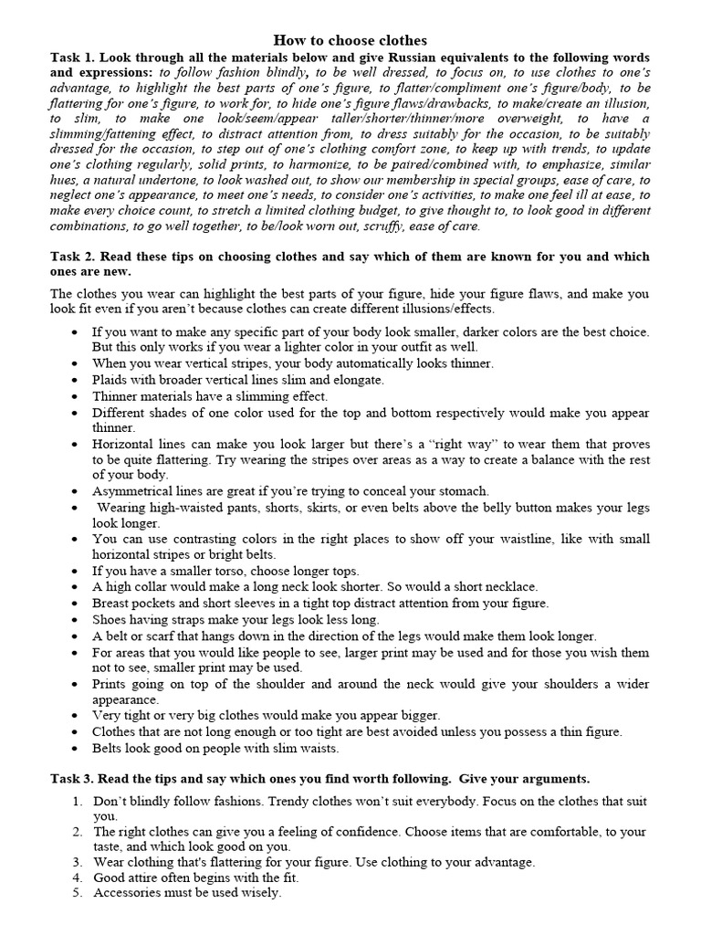 How To Choose Clothes (Tasks) 2021 | Download Free PDF | Clothing | Color