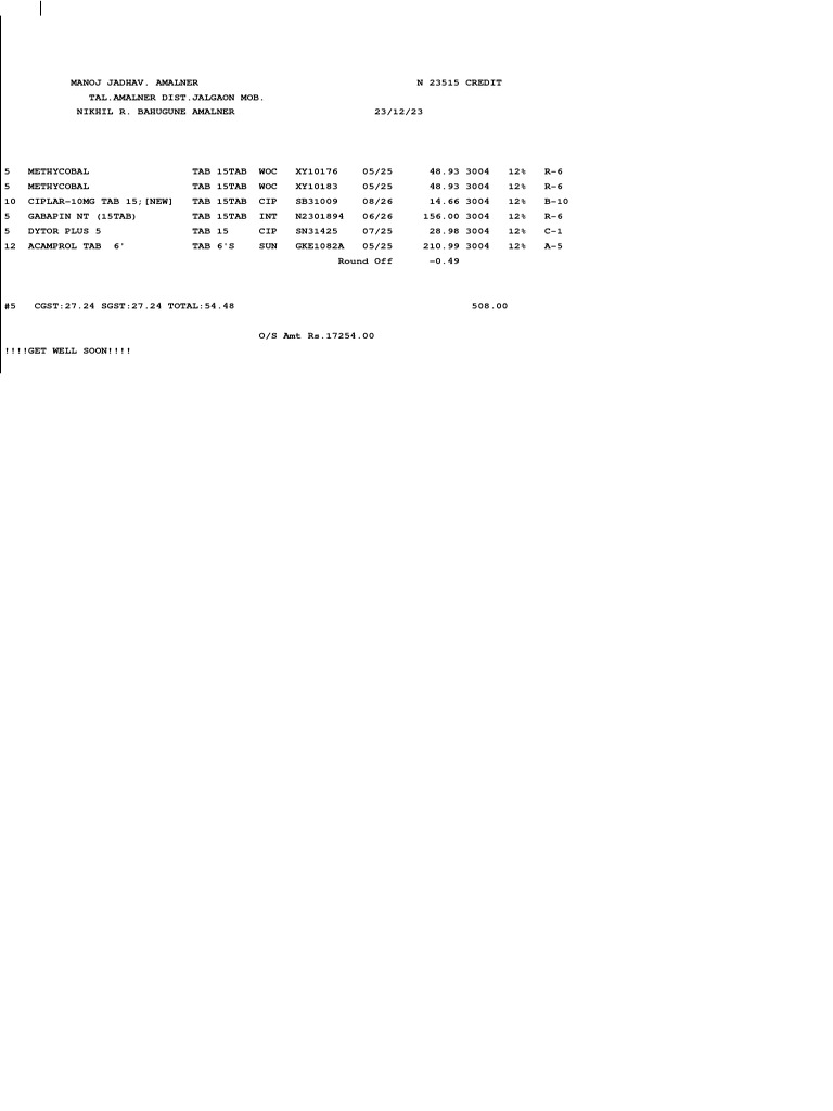 Amalner Pharmacy Invoice Summary | PDF