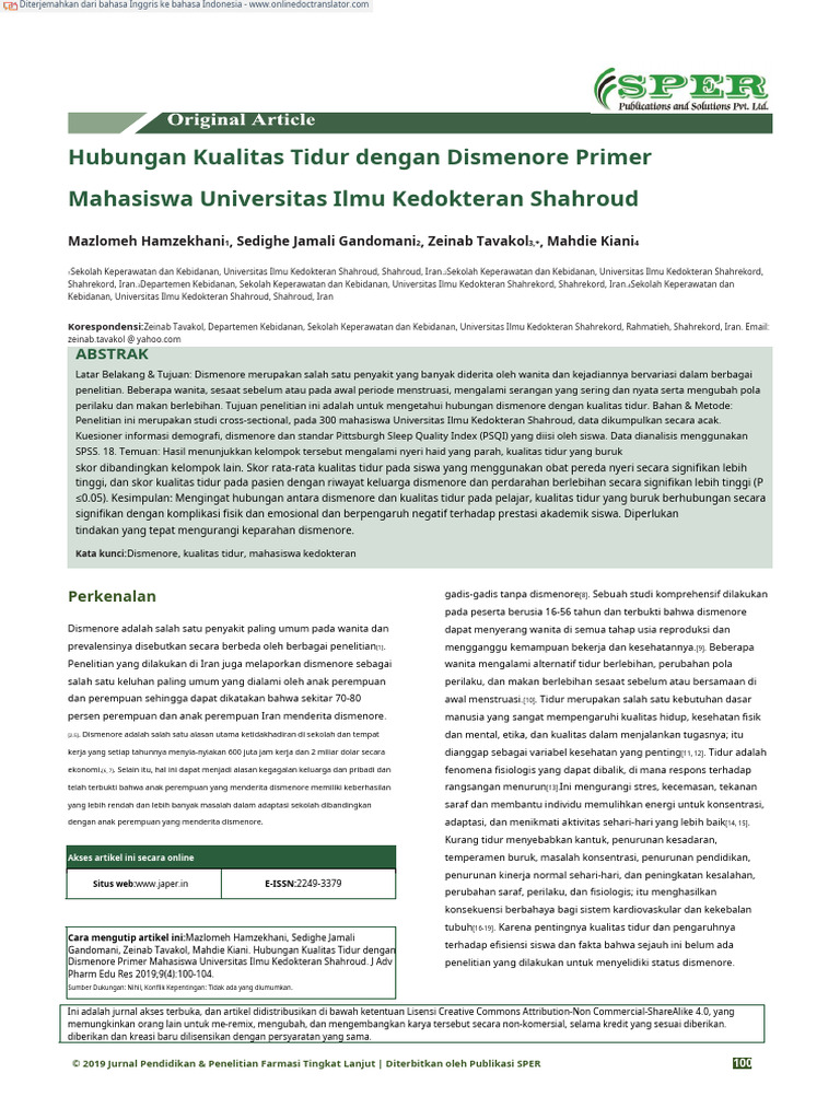 The Relation Between Sleep Quality and Primary Dysmenorrhea Students University of Medical ...