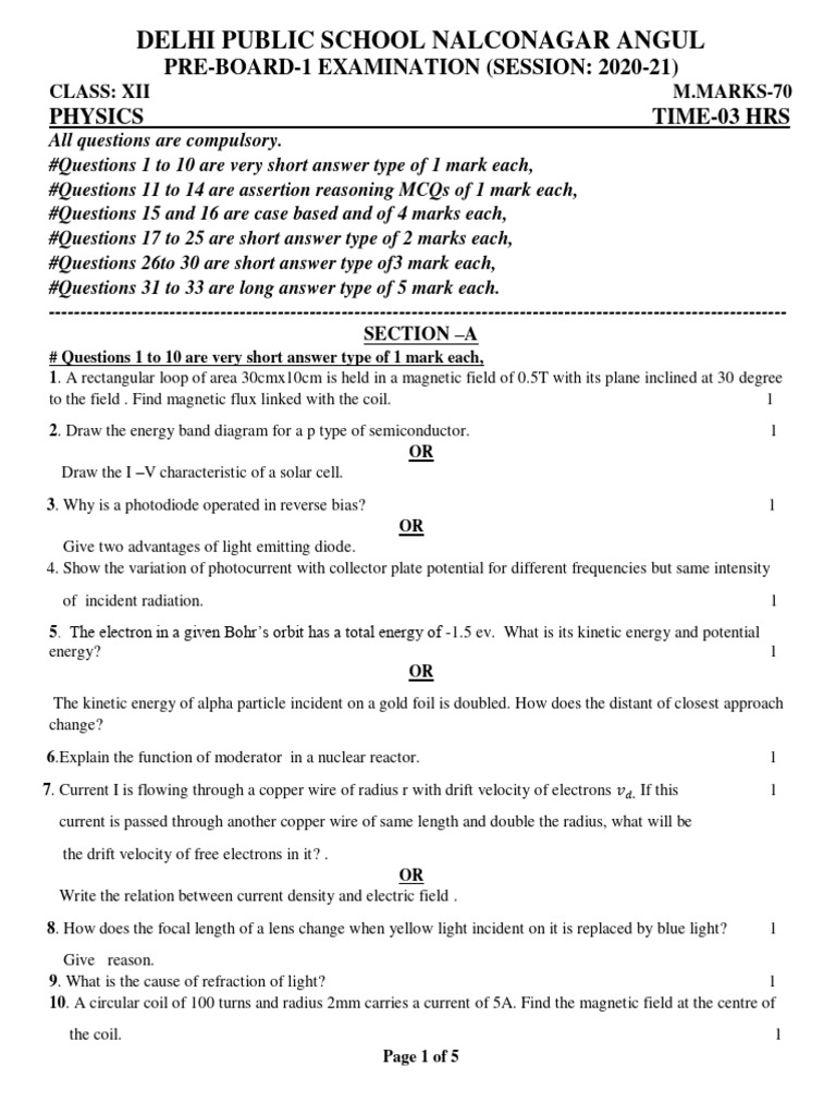 PB 1 - Xii - Phy - 2020-21 | PDF