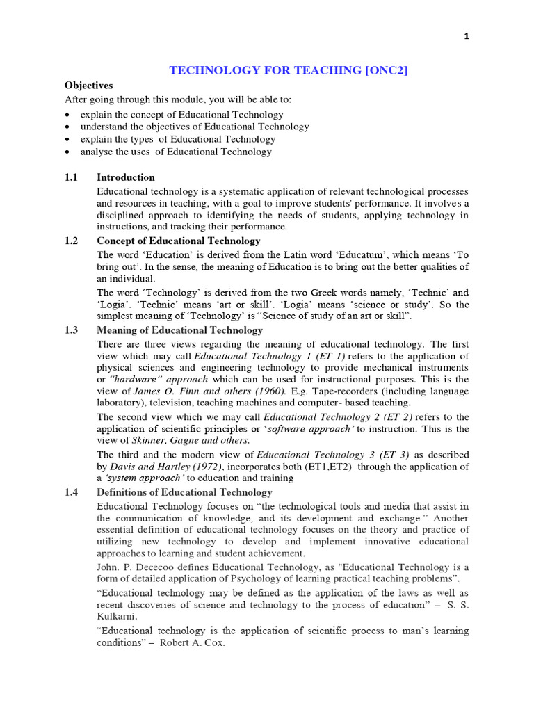 Technology For Teaching (Onc2) : 1.3 Meaning of Educational Technology | PDF | Educational ...