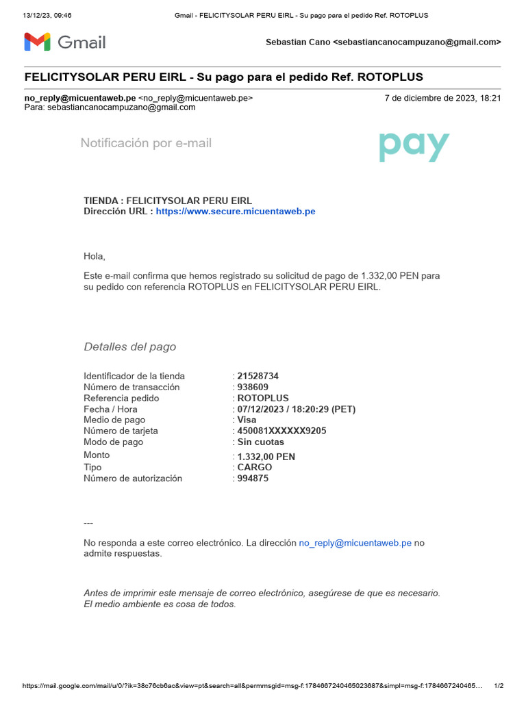 Confirmación Pago ROTOPLUS 1332 PEN | PDF