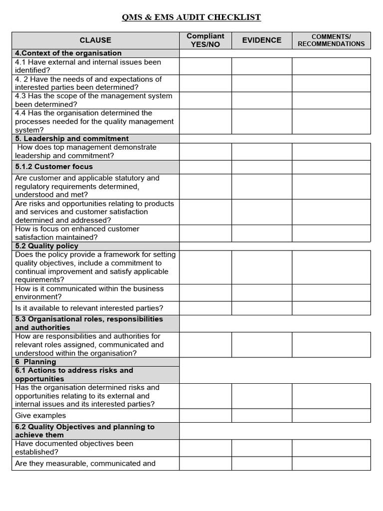 QMS, EMS Checklist | PDF | Quality Management System | Audit