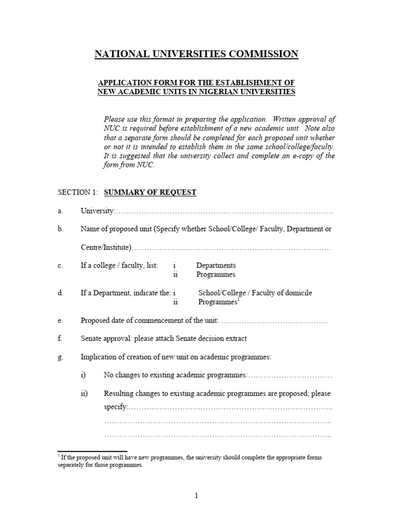 Application Form For Establishment of New Units Dept Fac College | PDF