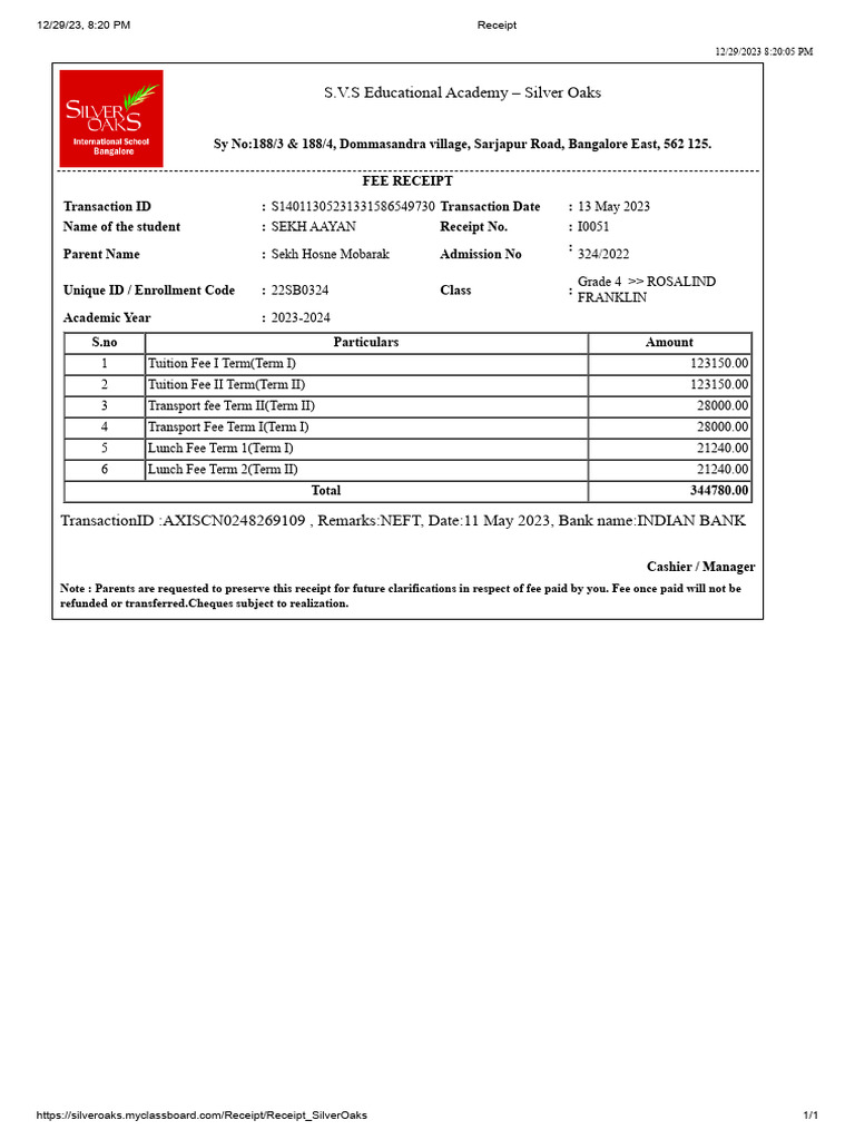Silver Oaks Fee Receipt | PDF | Services (Economics) | Banking