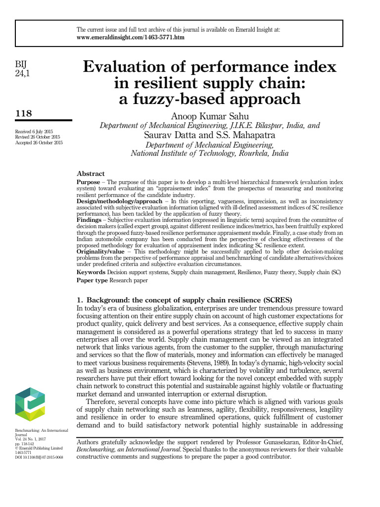 Evaluation of Performance Index in Resilient Supply Chain A Fuzzy-Based ...