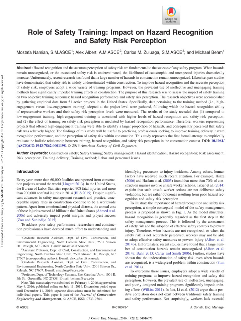 Role of Safety Training: Impact On Hazard Recognition and Safety Risk ...