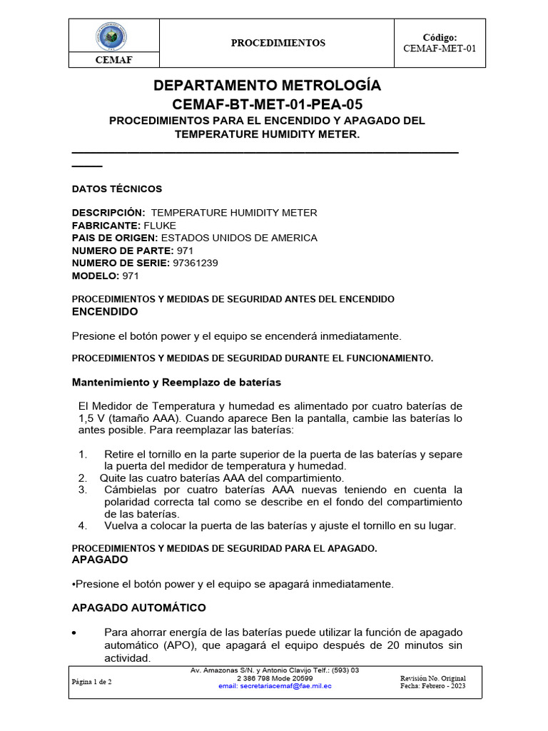 Procedimiento #Cemaf-Bt-Mta-05 para El Encendido y Apagado Del Temperature Humidity Meter | PDF