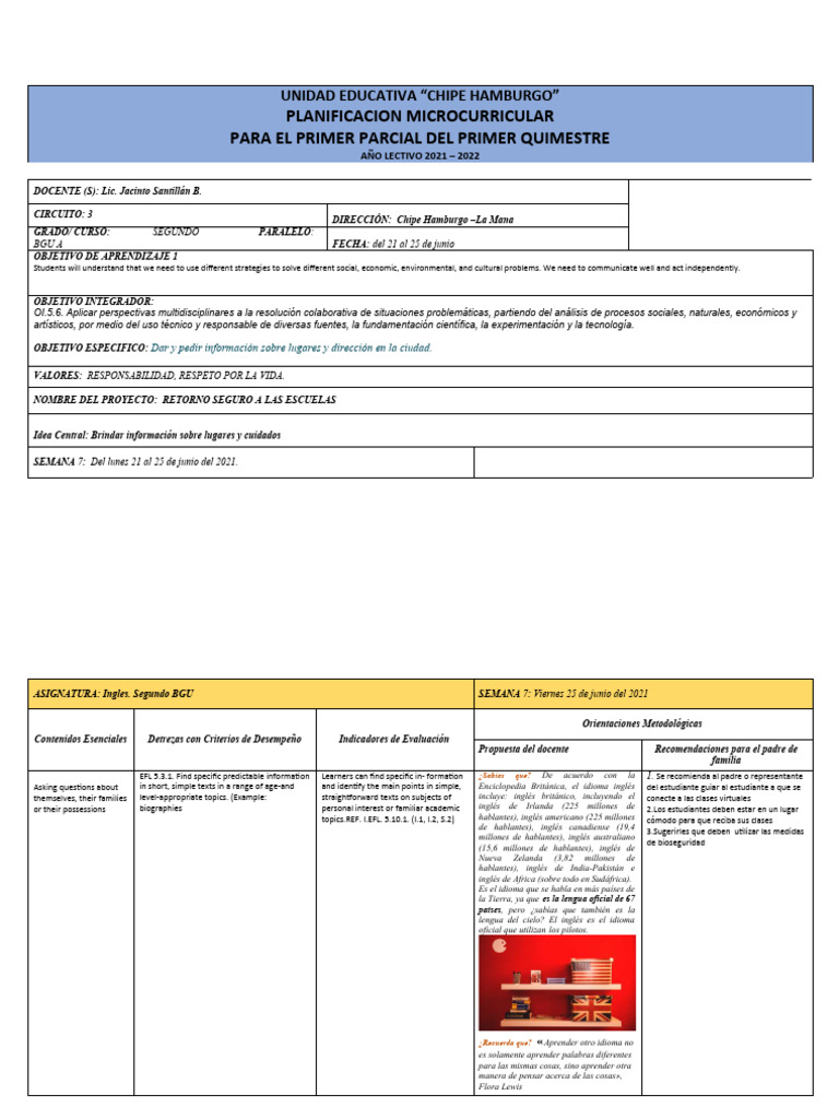 Lic. Jacinto. PLANIFICACION MICROCURRICULAR SEGUNDO BGU SEMANA 7 | PDF