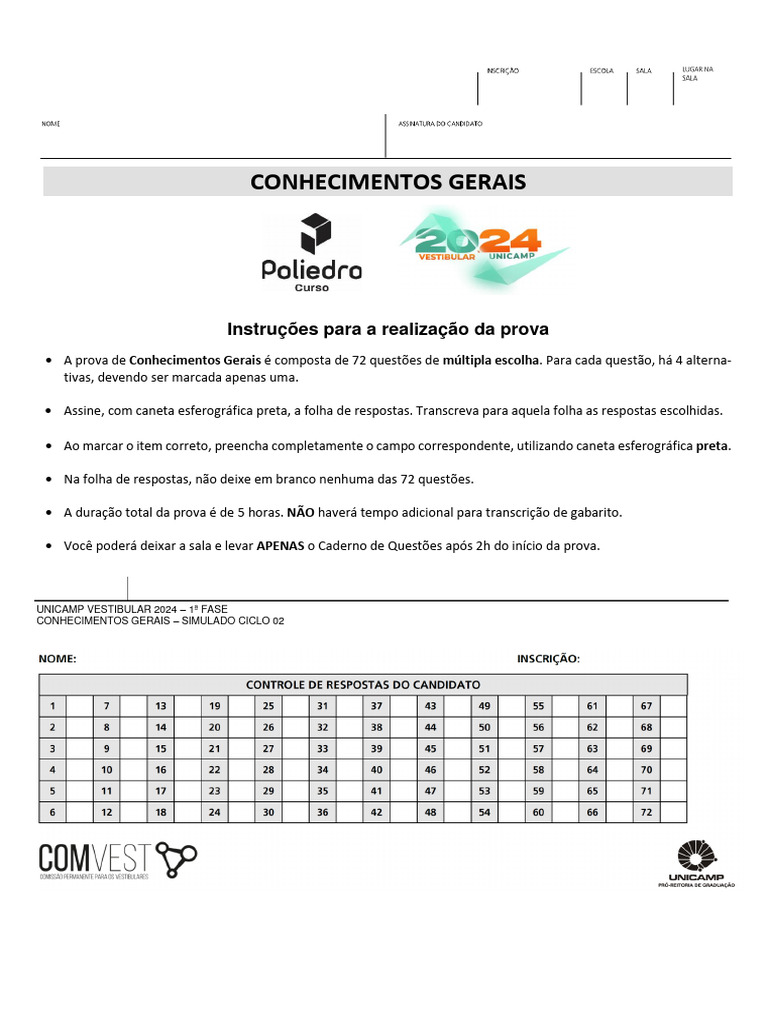 Simulado Unicamp C2 - 1 Fase | PDF