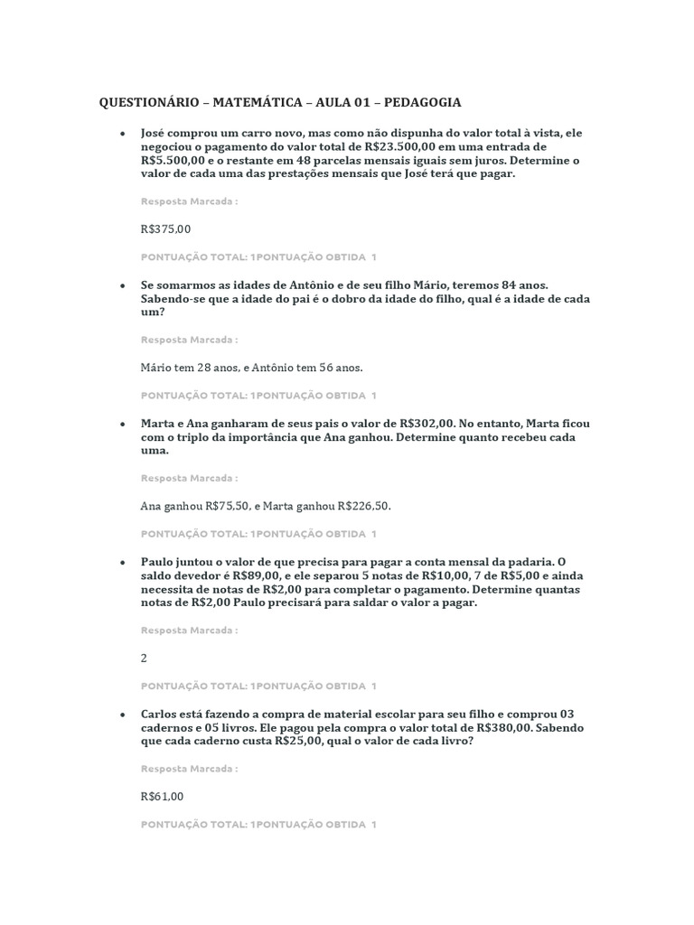 Questionário de Matemática - Pedagogia | PDF | Juros | Contabilidade