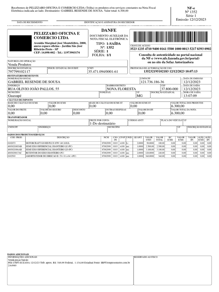 Pelizzaro Oficina E Comercio Ltda: Danfe | PDF | Recibo | Contabilidade