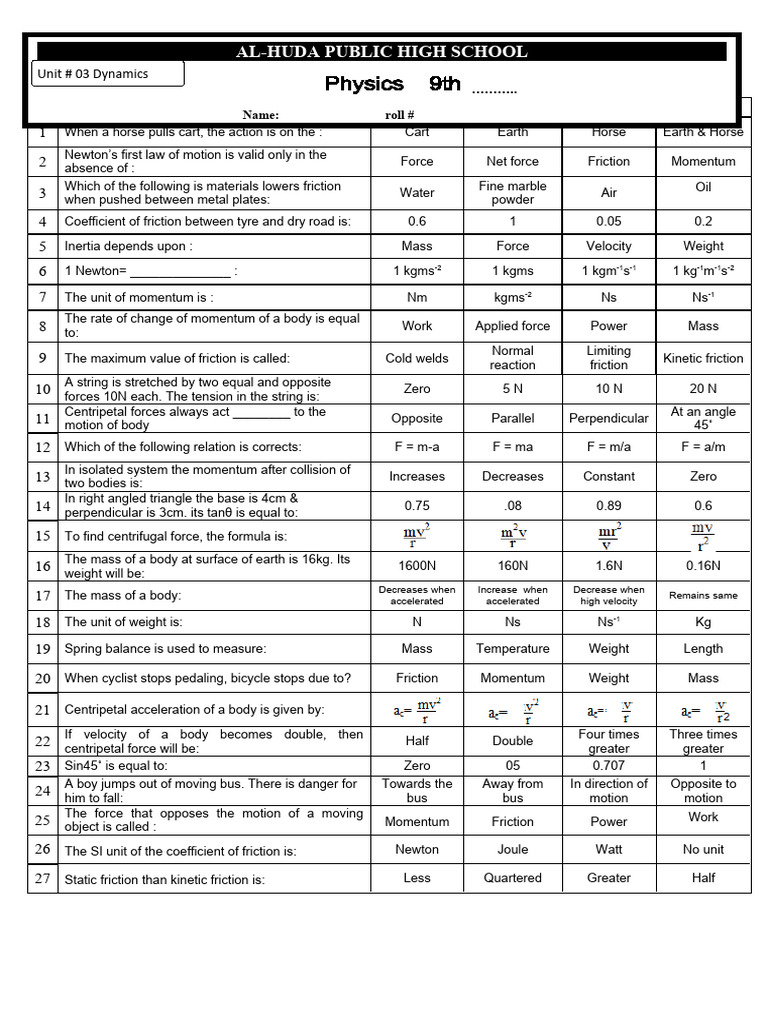 Test Unit # 03 Dynamics | PDF | Force | Friction